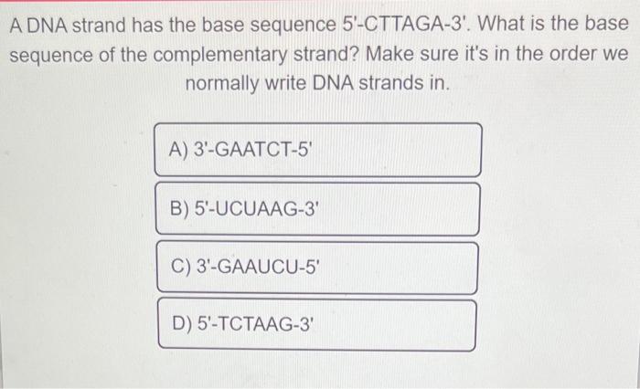 Solved A DNA strand has the base sequence 5'-CTTAGA-3'. What | Chegg.com