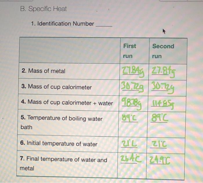 Solved B. Specific Heat 1. Identification Number First | Chegg.com