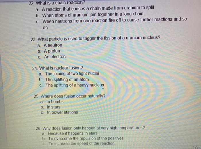 Solved 22. What is a chain reaction? a. A reaction that | Chegg.com