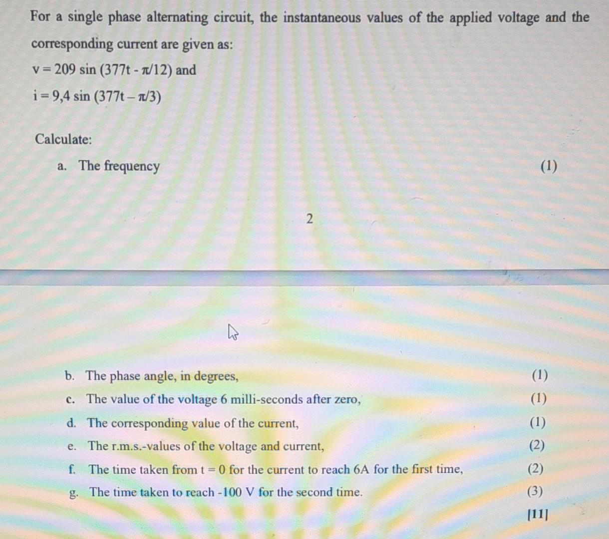 Solved For a single phase alternating circuit, the | Chegg.com