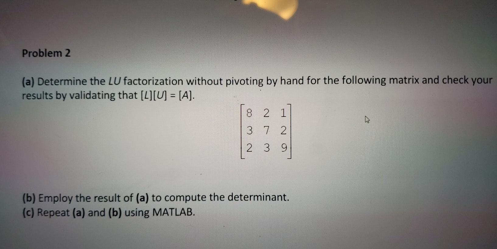 Solved Problem 2 (a) Determine the LU factorization without | Chegg.com