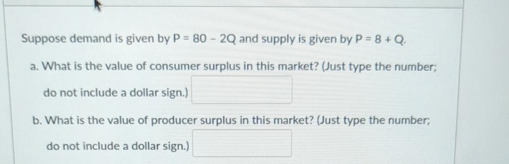 Solved Suppose demand is given by P=80-2Q ﻿and supply is | Chegg.com