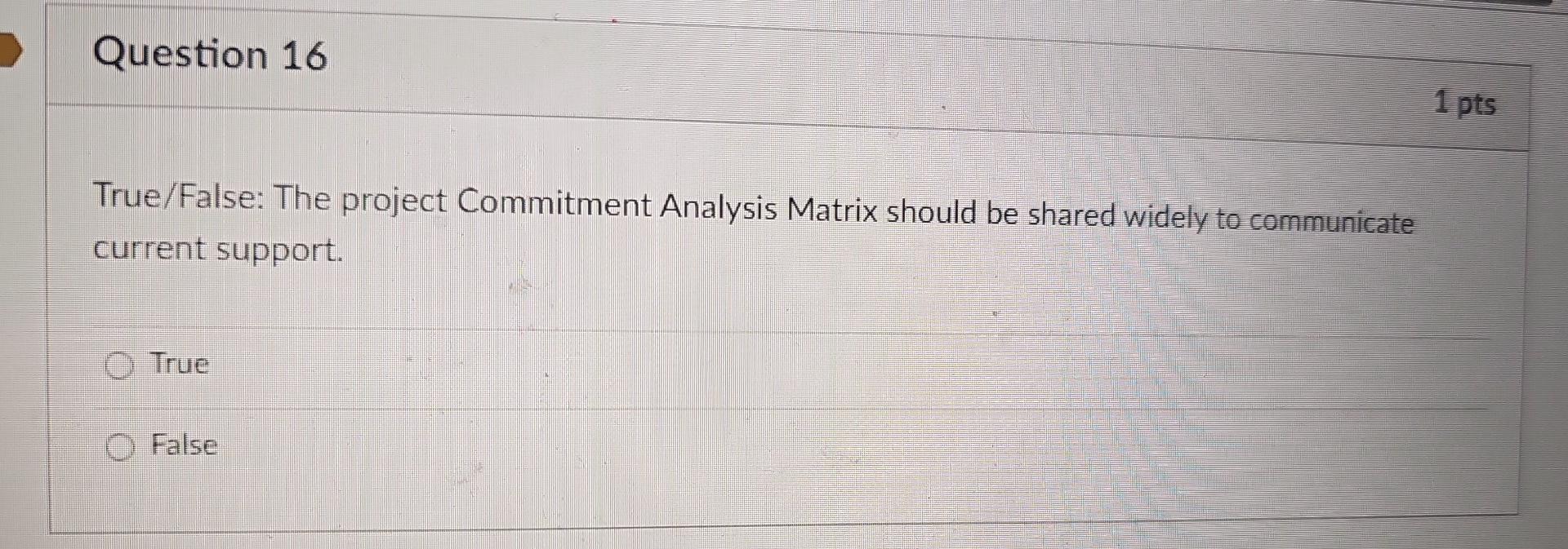 Solved True/False: The project Commitment Analysis Matrix | Chegg.com