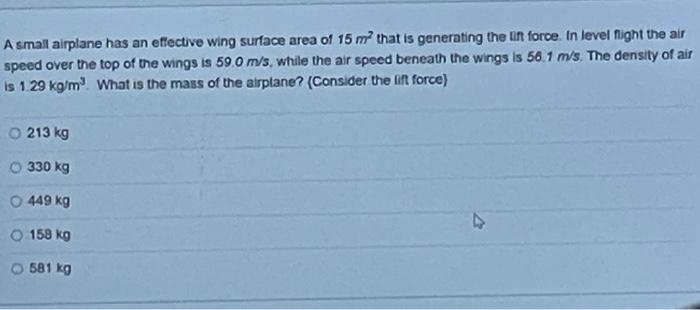 Solved A small airplane has an effective wing surface area | Chegg.com