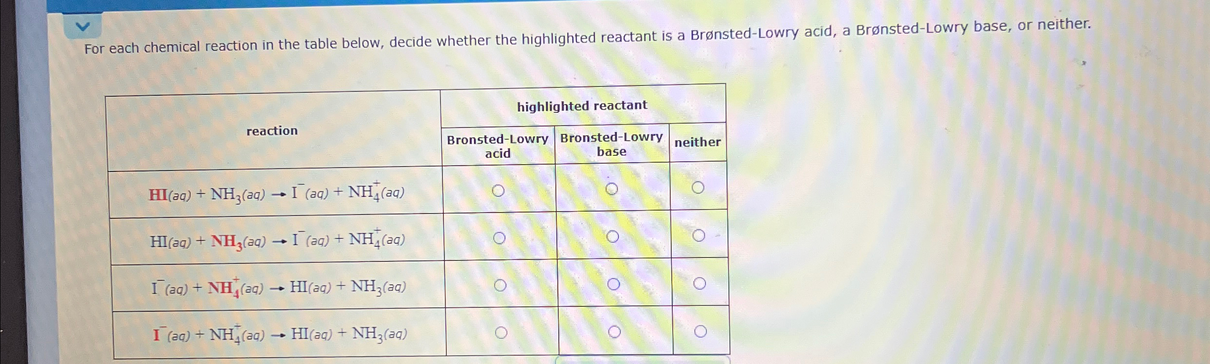 Solved For each chemical reaction in the table below, decide | Chegg.com