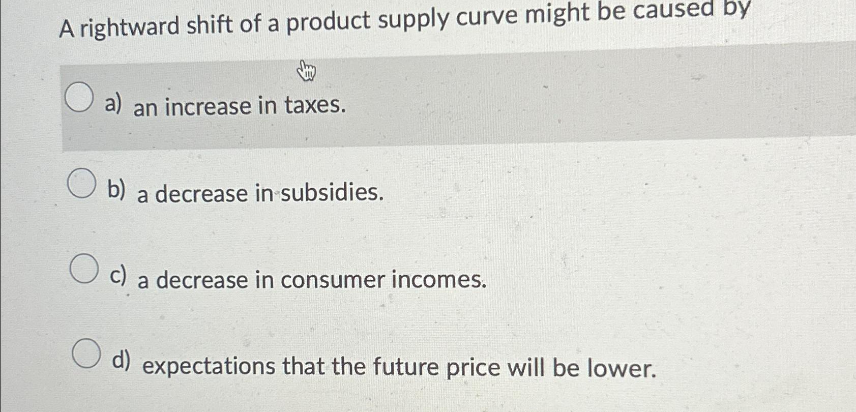 Solved A rightward shift of a product supply curve might be | Chegg.com