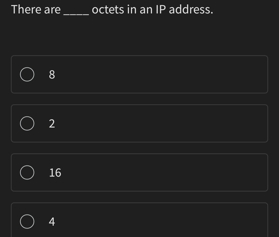 Solved There are q, ﻿octets in an IP address. 82164 | Chegg.com