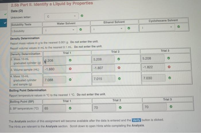 Solved 2.5b Part II. Identify a Liquid by Properties Data | Chegg.com