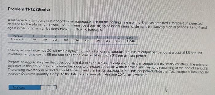 Solved A manager is attempting to put together an aggregate | Chegg.com