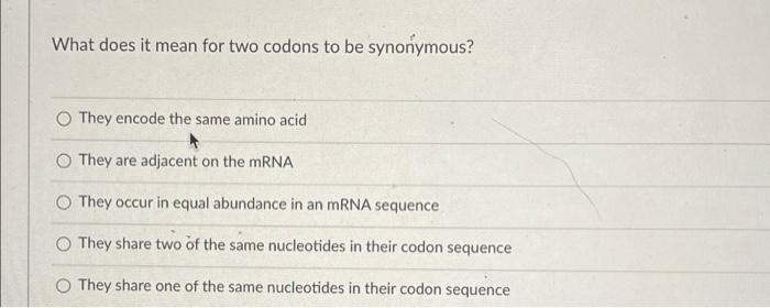 Solved What does it mean for two codons to be synonymous? | Chegg.com