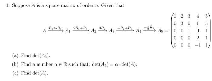 Solved 1. Suppose A is a square matrix of order 5 . Given | Chegg.com