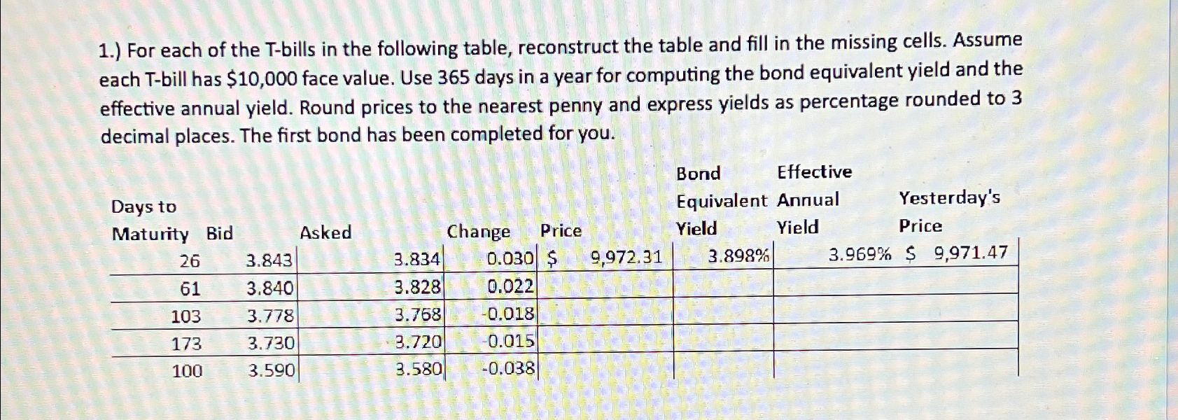 Solved 1.) ﻿For each of the T-bills in the following table, | Chegg.com