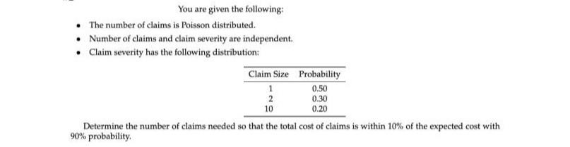 Solved You are given the following: • The number of claims | Chegg.com