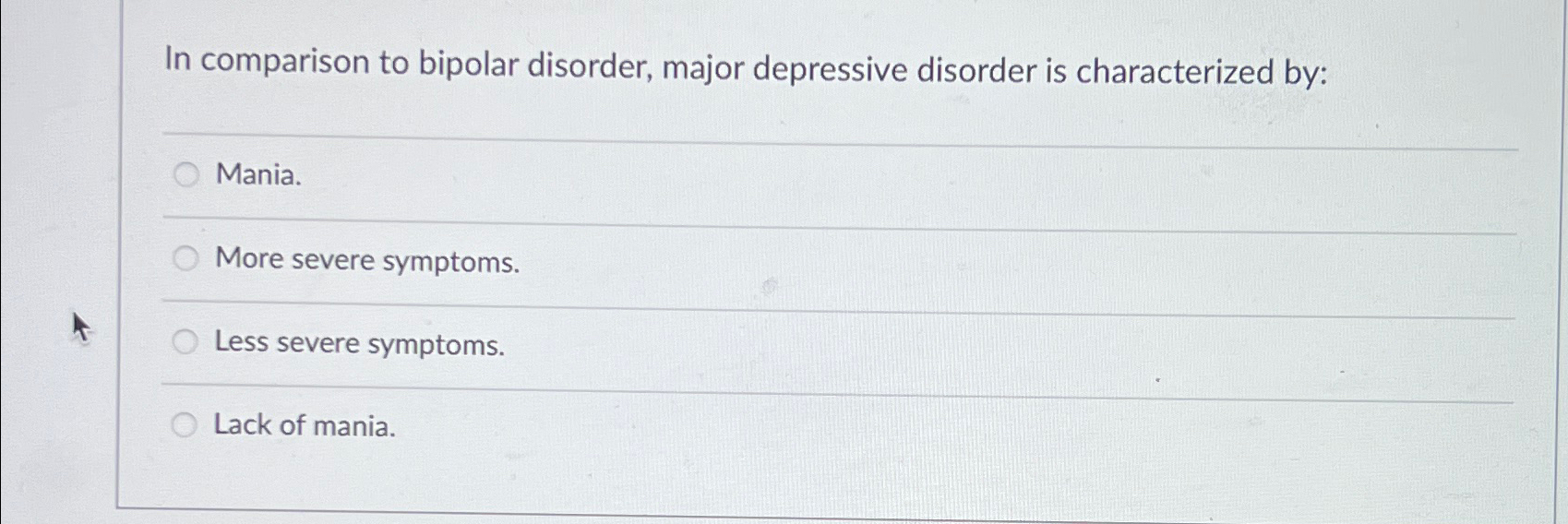 Solved In comparison to bipolar disorder, major depressive | Chegg.com