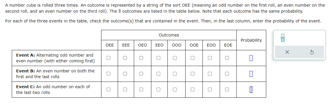 Solved A number cube is rolled three times. An outcome is | Chegg.com