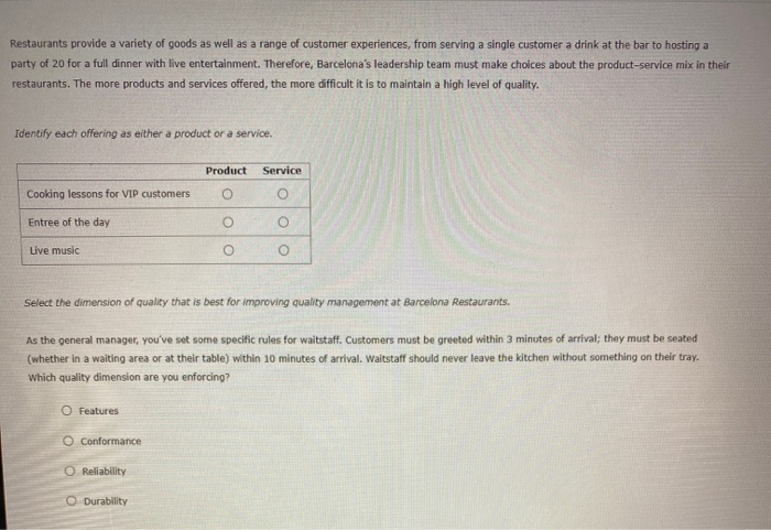 Solved Restaurants provide a variety of goods as well as a | Chegg.com