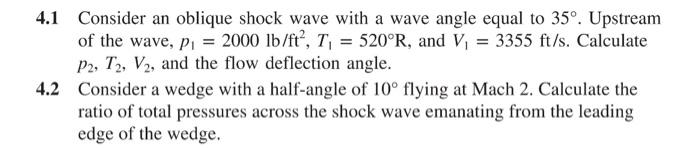 Solved 4.1 Consider an oblique shock wave with a wave angle | Chegg.com