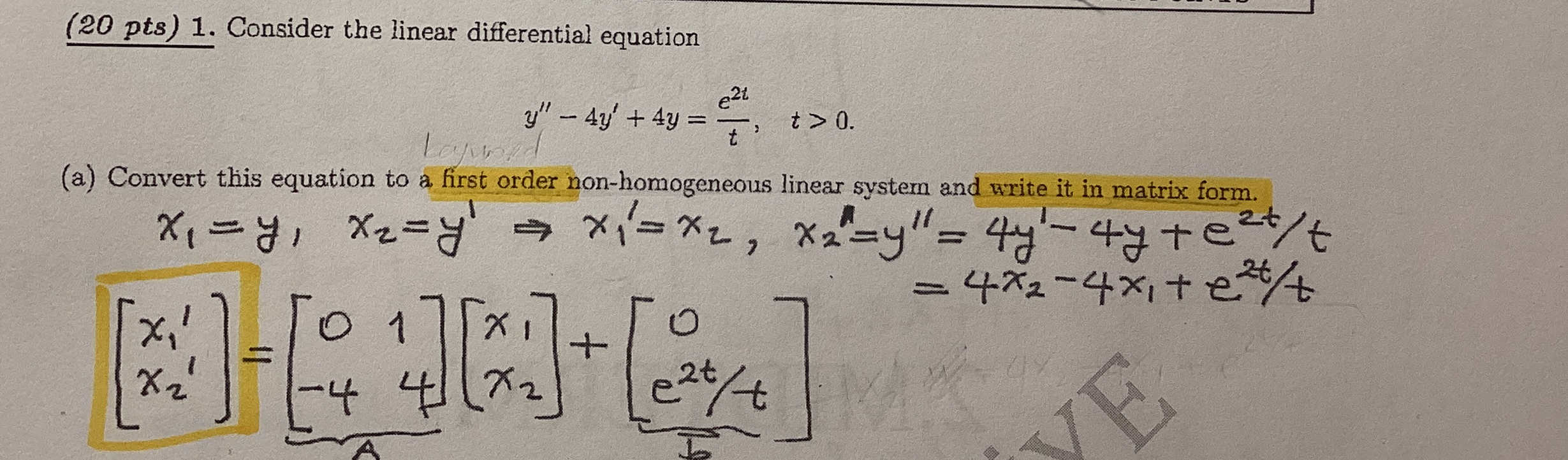 Solved (20 ﻿pts) 1. ﻿Consider the linear differential | Chegg.com