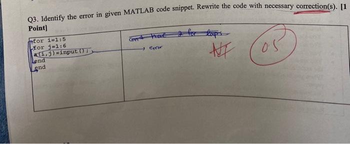 Solved O3. Identify the error in given MATLAB code snippet. | Chegg.com