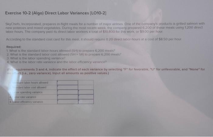 Solved Exercise 10-2 (Algo) Direct Labor Variances [LO10-2] | Chegg.com