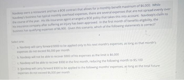 Solved Navdeep own's a restaurant and has a BOE contract | Chegg.com