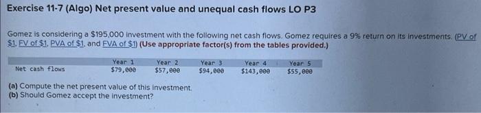 Solved Exercise 11-7 (Algo) Net present value and unequal | Chegg.com
