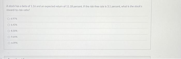 Solved A stock has a beta of 1.16 and an expected return of | Chegg.com
