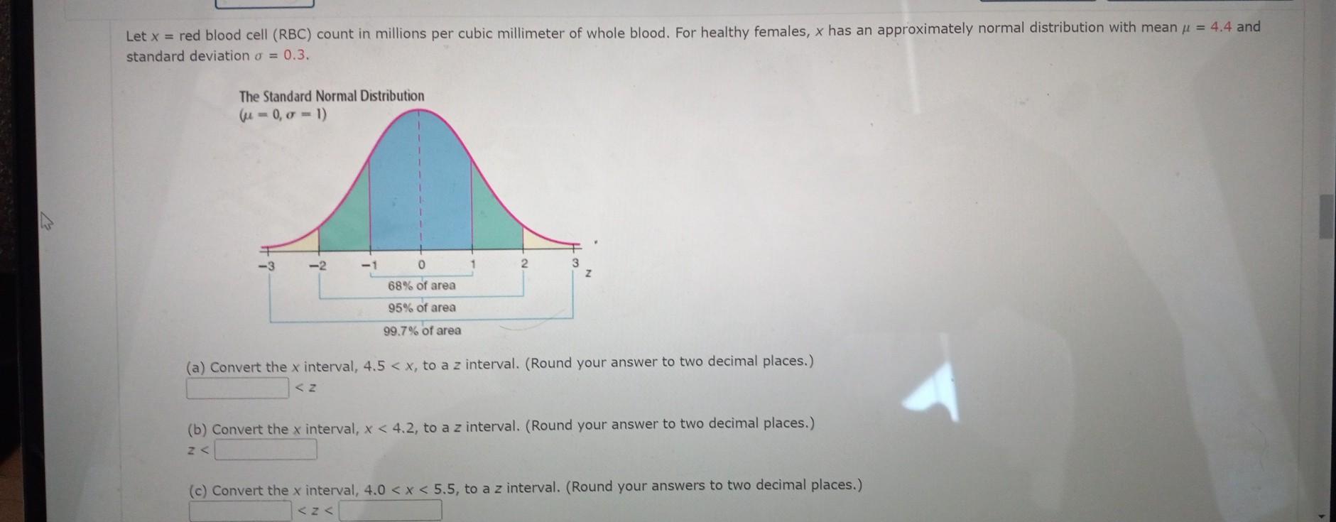 Solved Let x= red blood cell (RBC) count in millions per | Chegg.com
