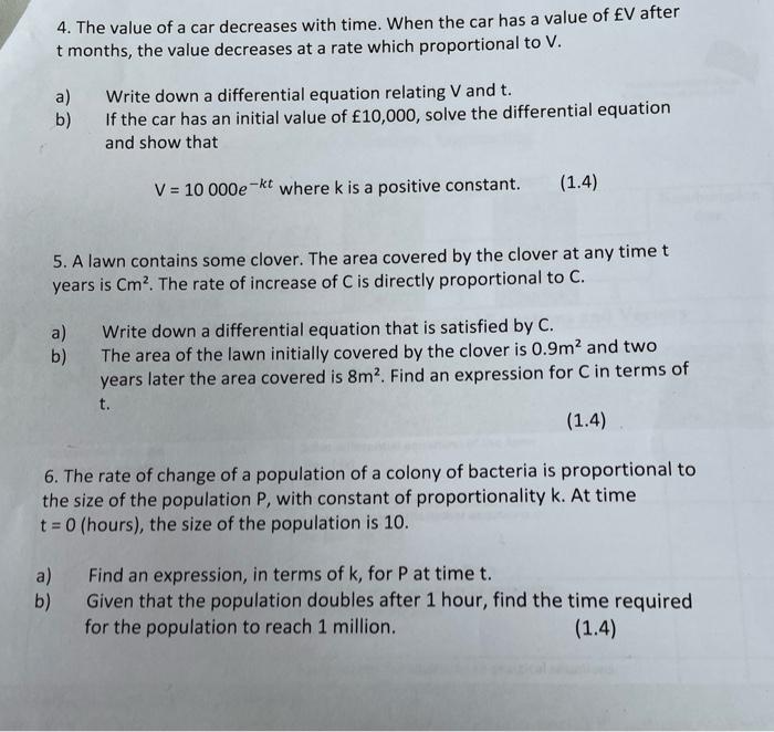 Solved 4. The value of a car decreases with time. When the | Chegg.com