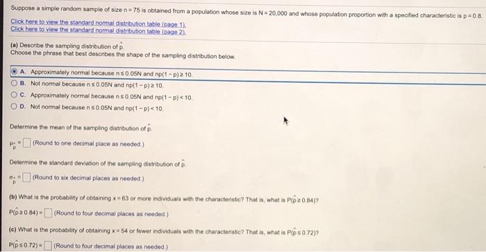 Solved Suppose a simple random sample of size n = 75 is | Chegg.com