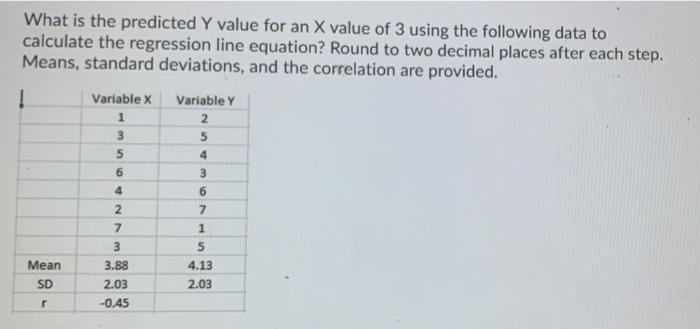 Solved What is the predicted Y value for an X value of 3 | Chegg.com