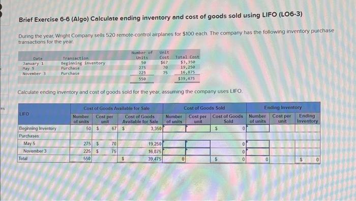 Solved Brief Exercise 6-6 (Algo) Calculate ending inventory | Chegg.com