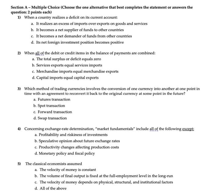 Solved Section A - Multiple Choice (Choose the one | Chegg.com