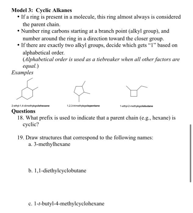 Solved Model 3: Cyclic Alkanes - If a ring is present in a | Chegg.com