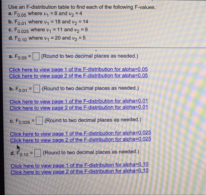 Solved - Use an F-distribution table to find each of the | Chegg.com
