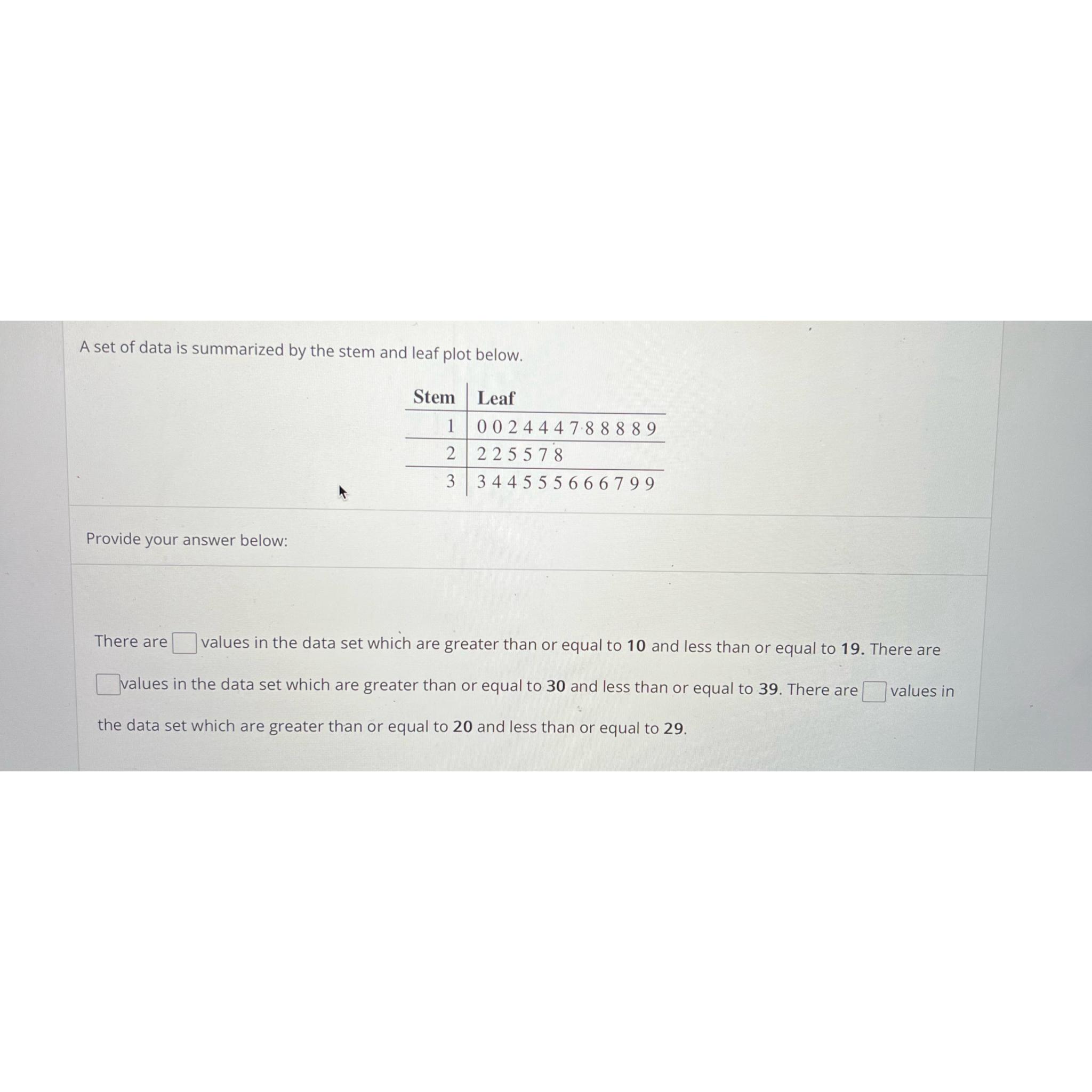 Solved A set of data is summarized by the stem and leaf plot | Chegg.com