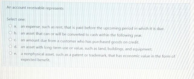 Solved An account receivable represents Select one: a. an | Chegg.com
