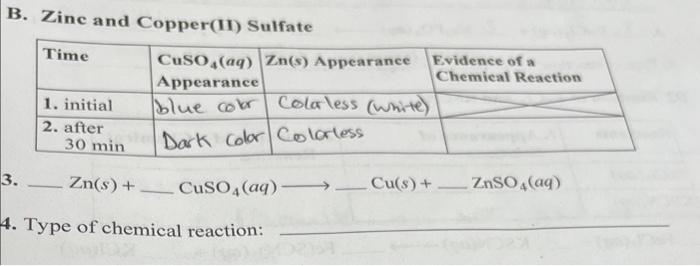 Solved B. Zinc and Copper(II) Sulfate 3. | Chegg.com
