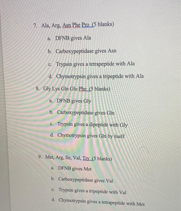 Solved 7. Ala, Arg, Asn Phe Pro (5 blanks) a. DFNB gives Ala | Chegg.com