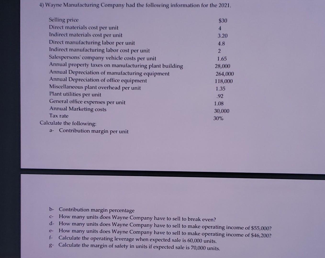 Solved 4) Wayne Manufacturing Company had the following | Chegg.com