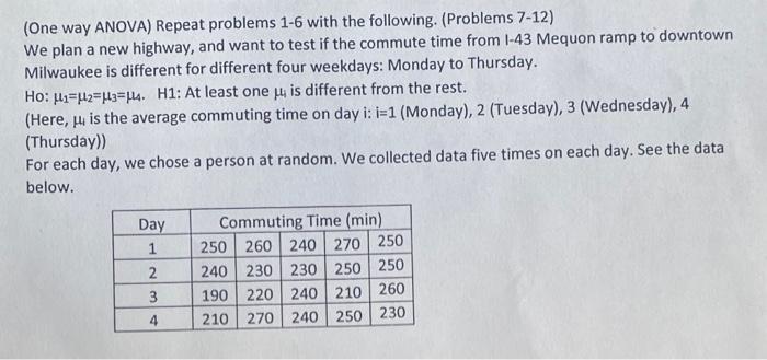Solved (One way ANOVA) Repeat problems 1-6 with the | Chegg.com