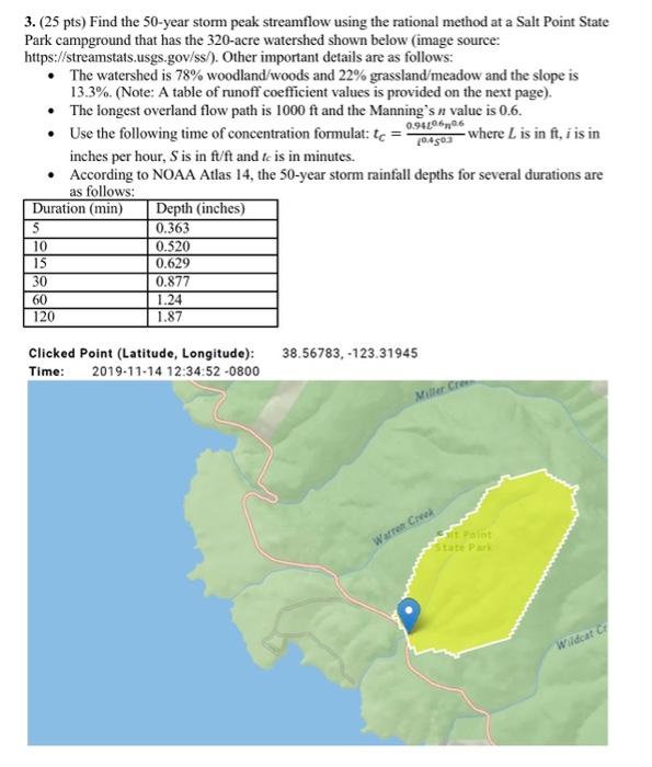 Solved 3. (25pts) Find the 50 -year storm peak streamflow | Chegg.com