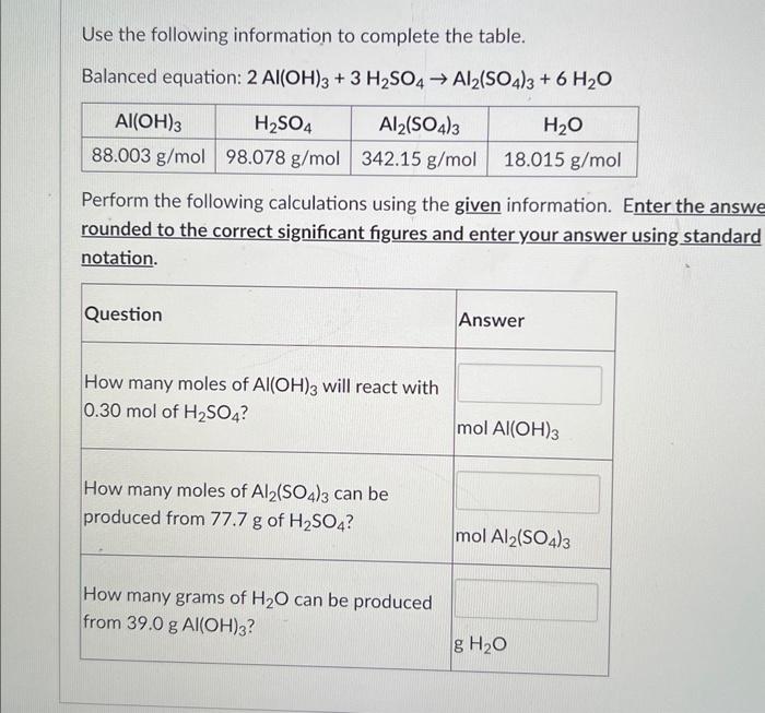 Solved Balanced equation: 2Al(OH)3+3H2SO4→Al2(SO4)3+6H2O | Chegg.com