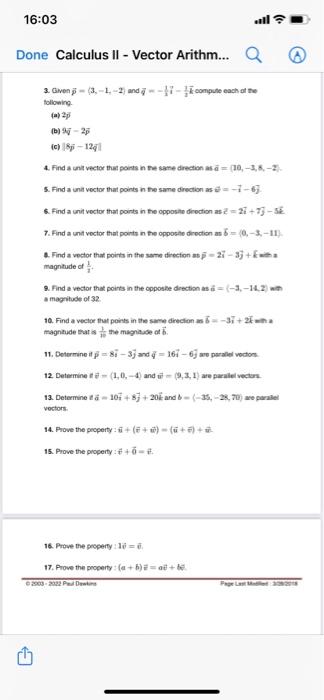 Solved Done Calculus II - Vector Arithm... 3. Given | Chegg.com