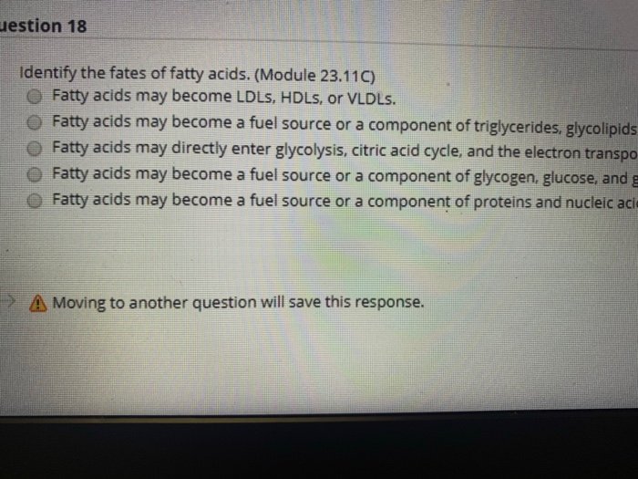 Solved uestion 18 Identify the fates of fatty acids. (Module | Chegg.com