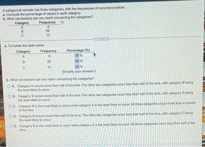 Solved A categorical variable has three categories, with the | Chegg.com