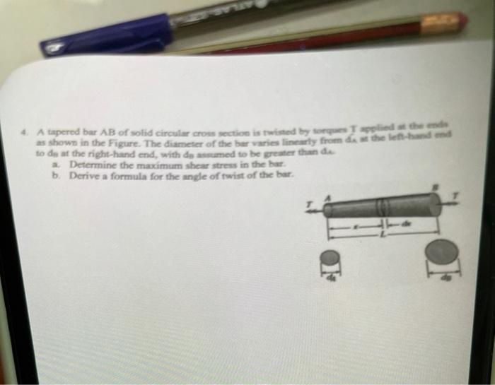 Solved 4 A tapered bar AB of solid circular cross section is | Chegg.com
