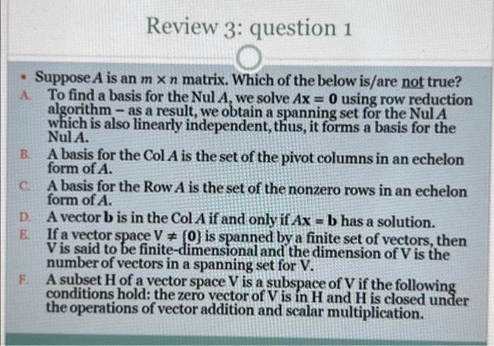 Solved Review 3: question 1 O Suppose A is an m x n matrix. | Chegg.com