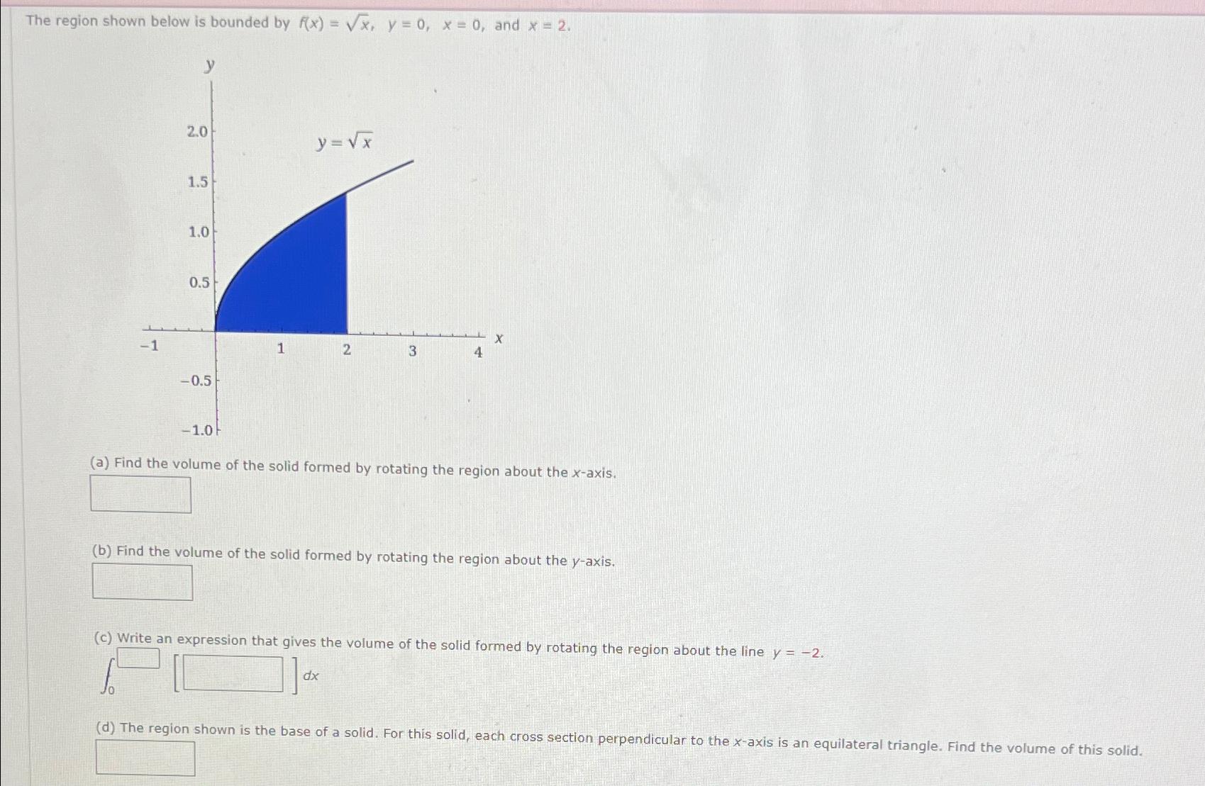 Solved The region shown below is bounded by f(x)=x2,y=0,x=0, | Chegg.com