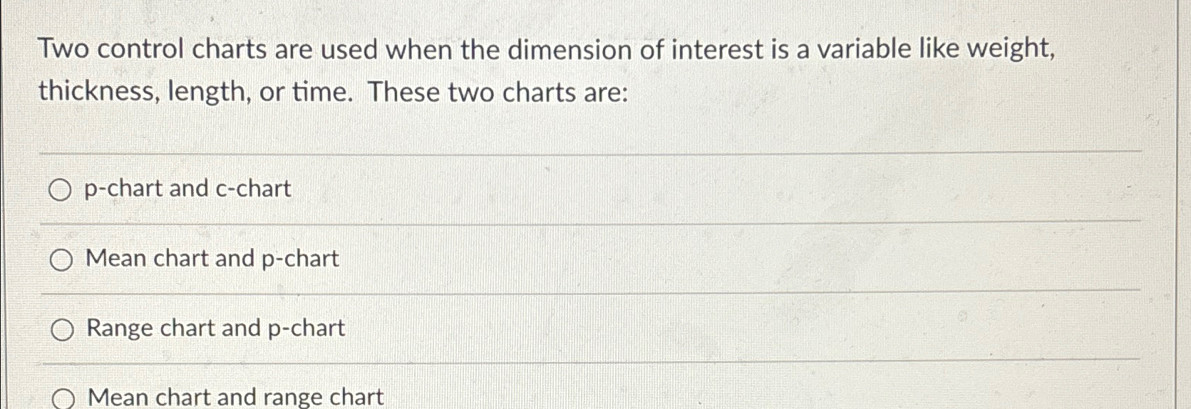 Solved Two control charts are used when the dimension of | Chegg.com